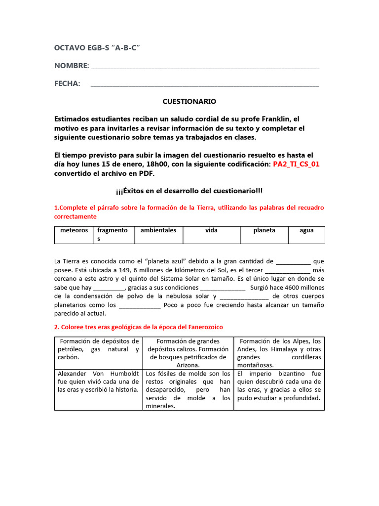Octavo Egb-S "A-B-C" NOMBRE: - FECHA | PDF | Océanos | Fósil