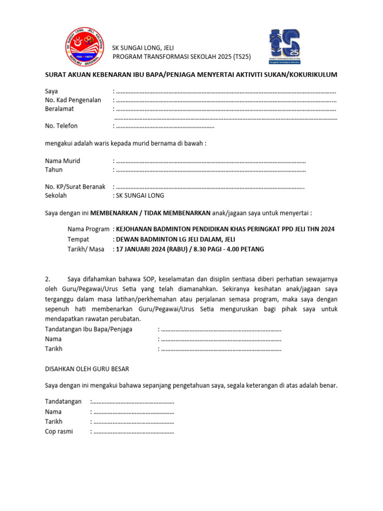 Surat Akuan Kebenaran Ibu Bapa Badminton Ppki Jeli | PDF Surat Akuan Kebenaran Ibu Bapa Badminton Ppki Jeli | PDF