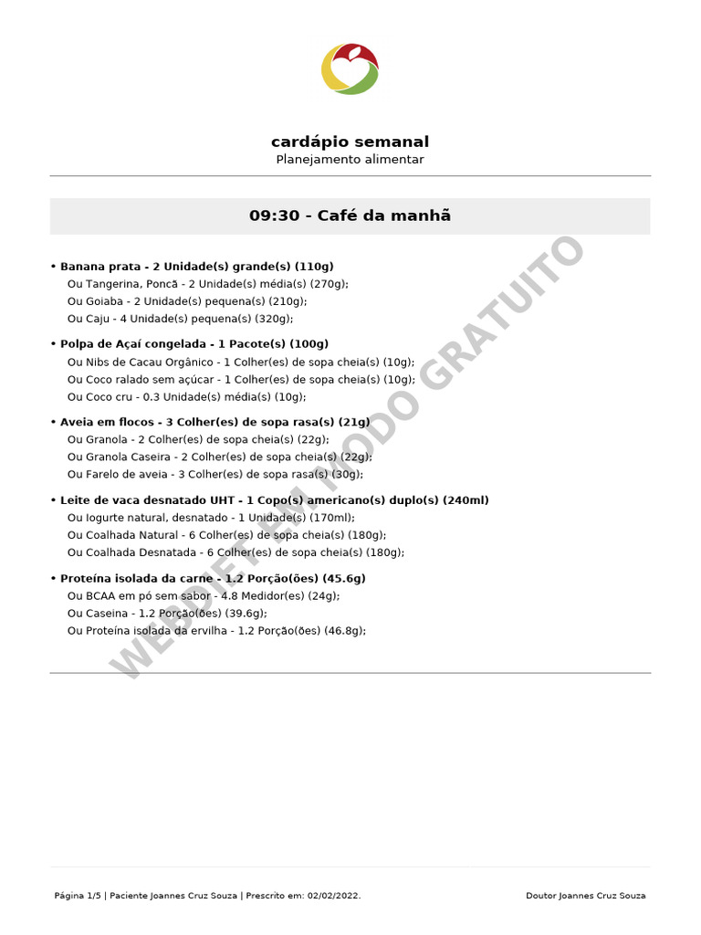 Plano Alimentar - Joannes Cruz Souza-2 | PDF | Alimentos | Culinária