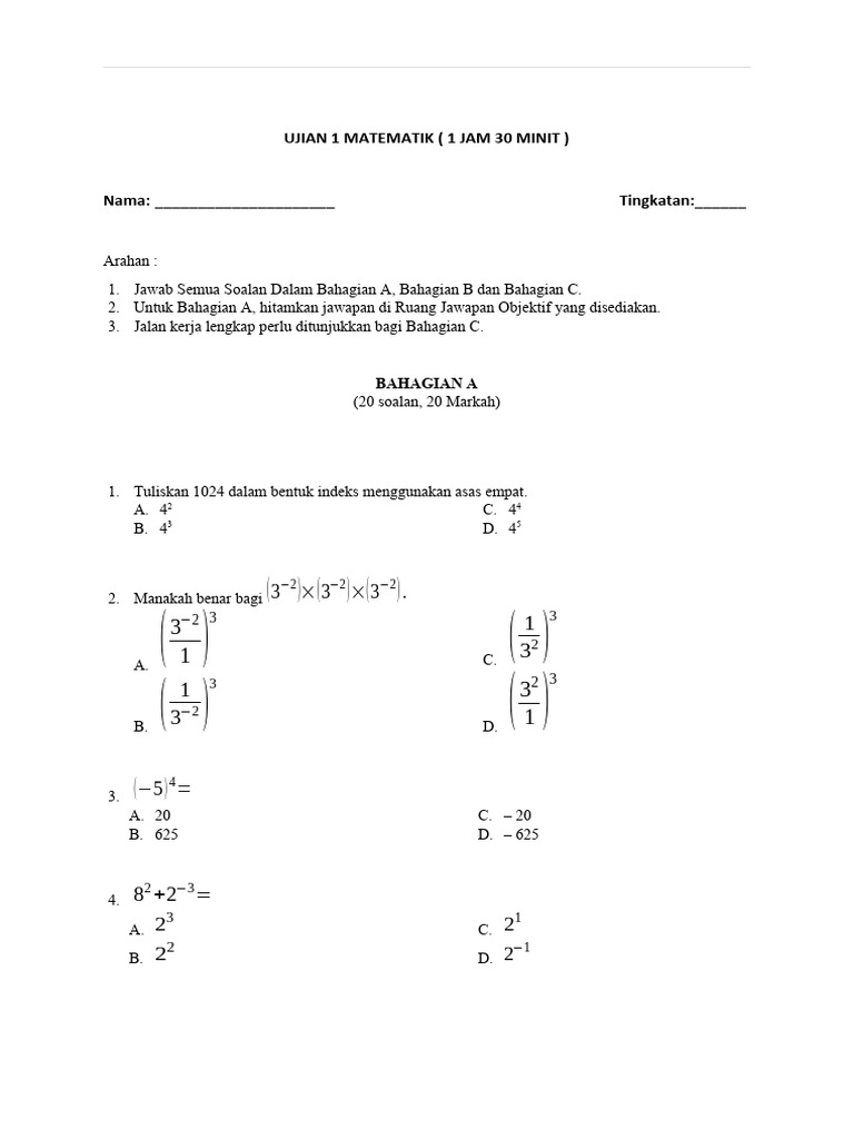 Ujian 1 Matematik Ting 1 2021 Pdf