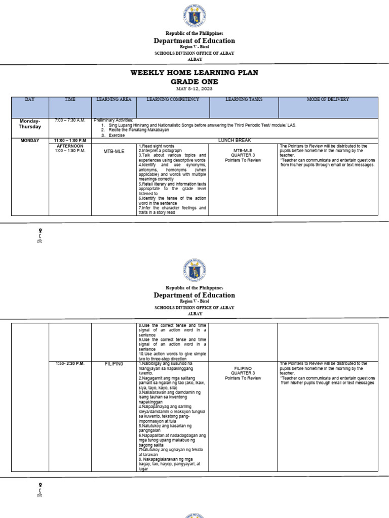 Grade 1 Weekly Learning Plan: May 2023 | PDF
