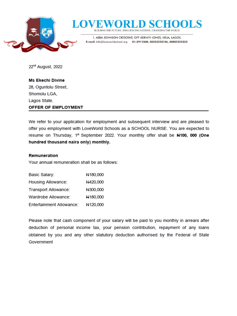 Offer of Employment - MS Ekechi Divine | PDF | Employment | Salary