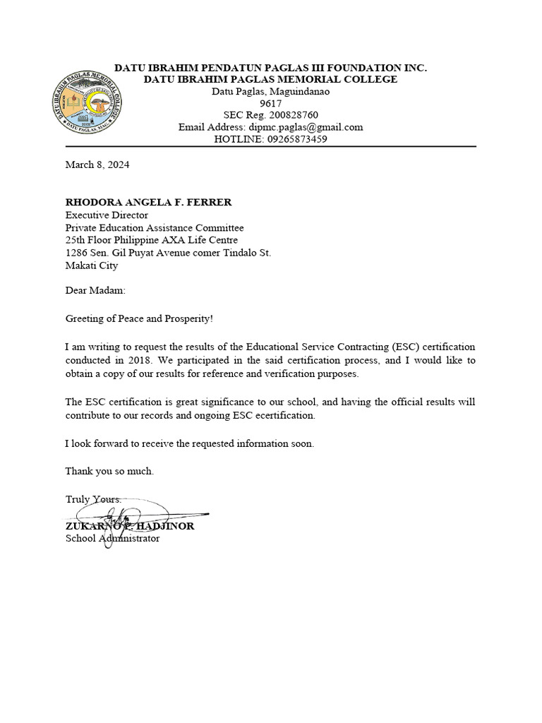 Request Letter For ESC Result | PDF