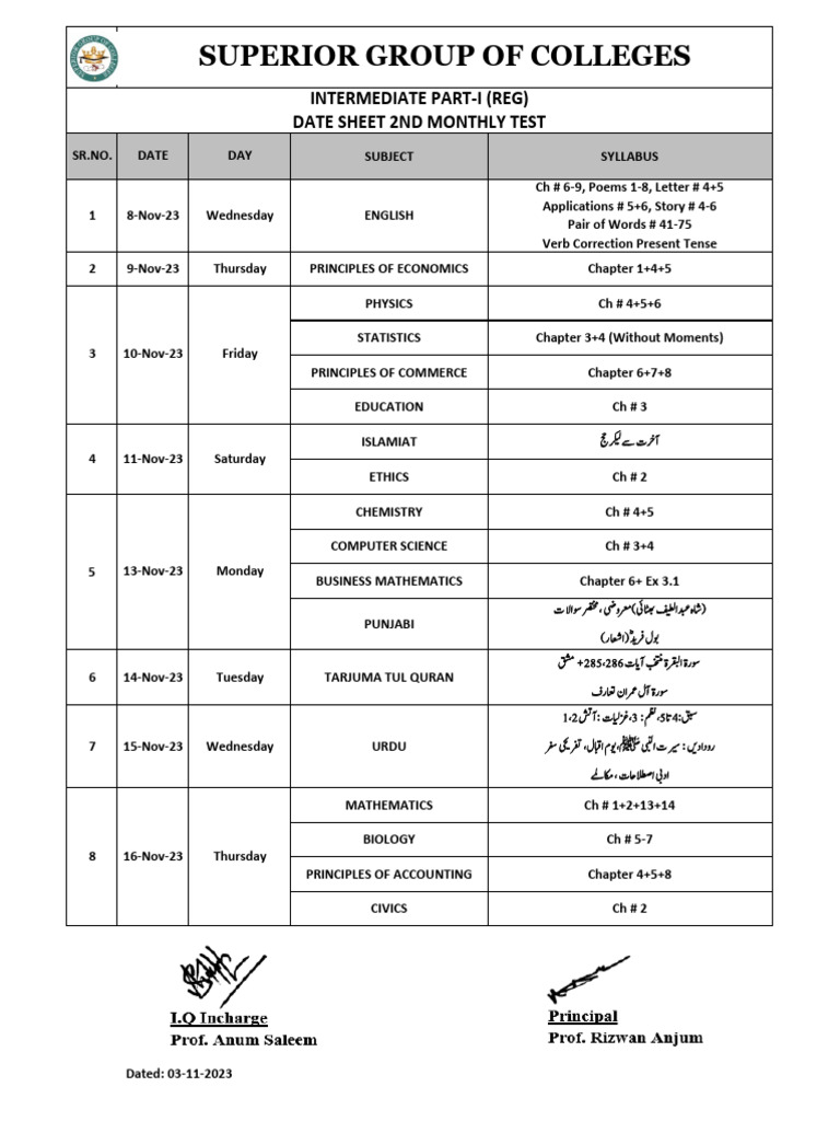 2nd Monthly Test Date Sheet 2023 | PDF | Linguistics