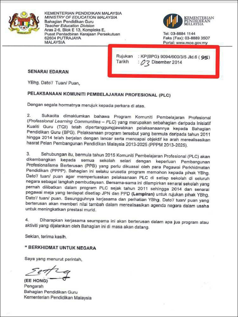 Surat Pelaksanaan PLC KPMBPG | PDF