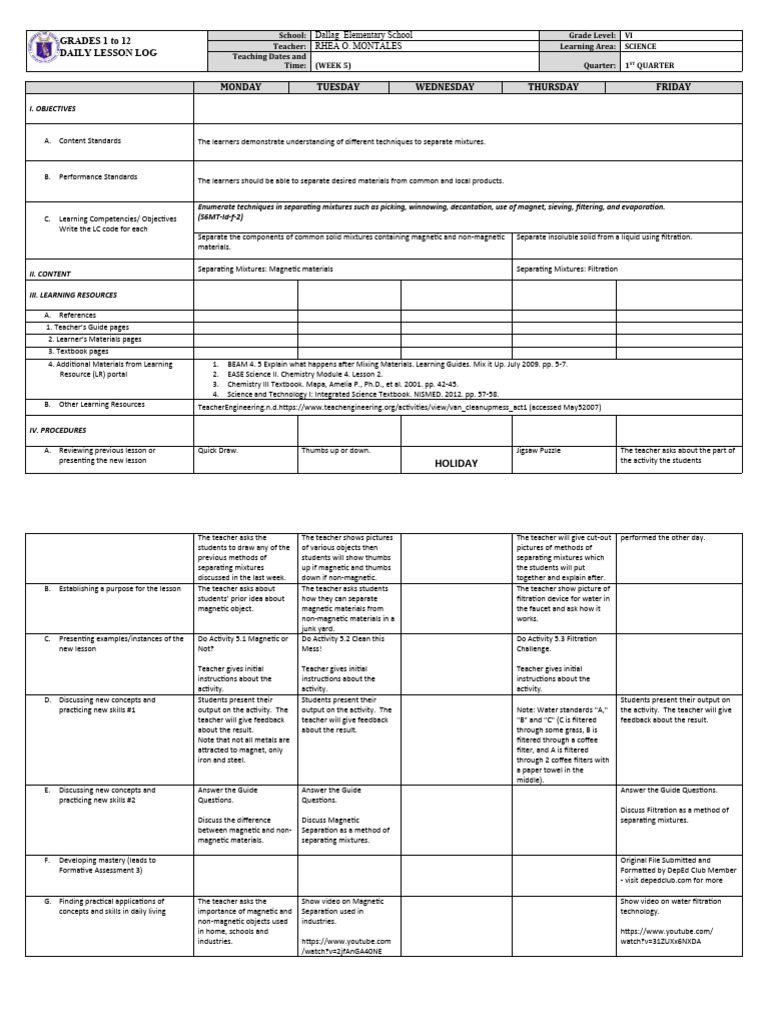 Science DLL | Download Free PDF | Filtration | Teachers