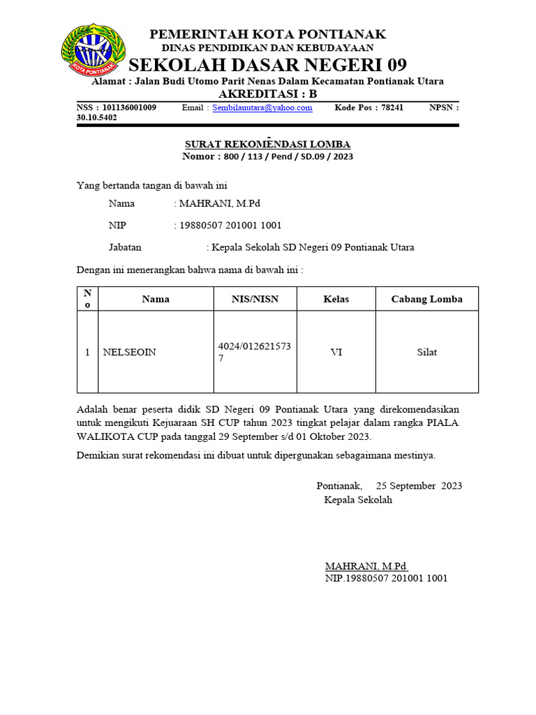 Contoh Surat Rekomendasi Lomba | PDF