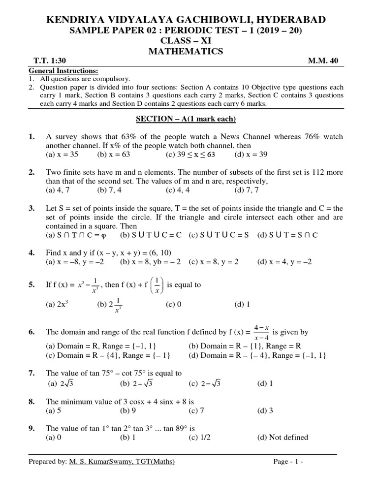 Maths Xi Periodic Test 1 Sample Paper 02 2019 | PDF | Minute And Second ...