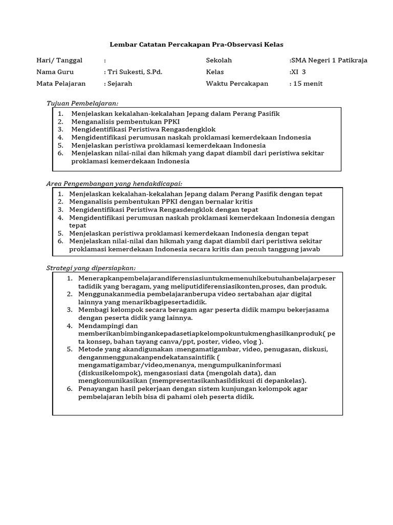 1 - Lembar Catatan Percakapan Pra-Observasi Kelas Oke | PDF