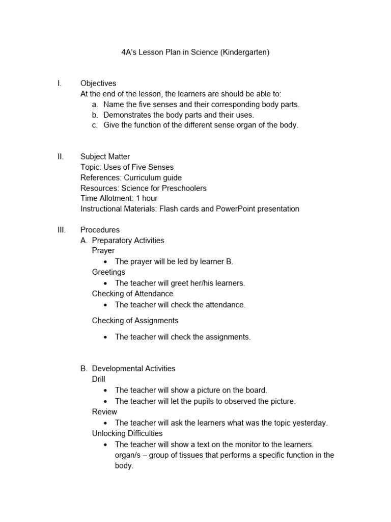Kindergarten Lesson Plan: Five Senses | PDF | Senses | Teachers