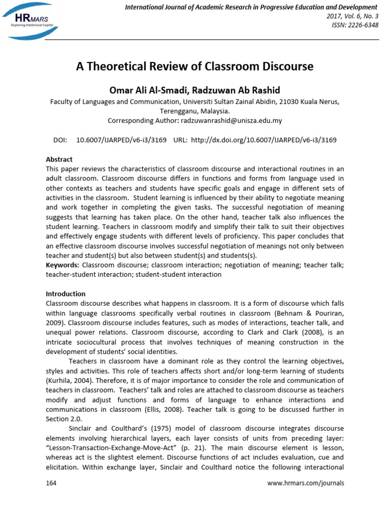 A Theoretical Review of Classroom Discourse | PDF | Second Language Acquisition | Teachers