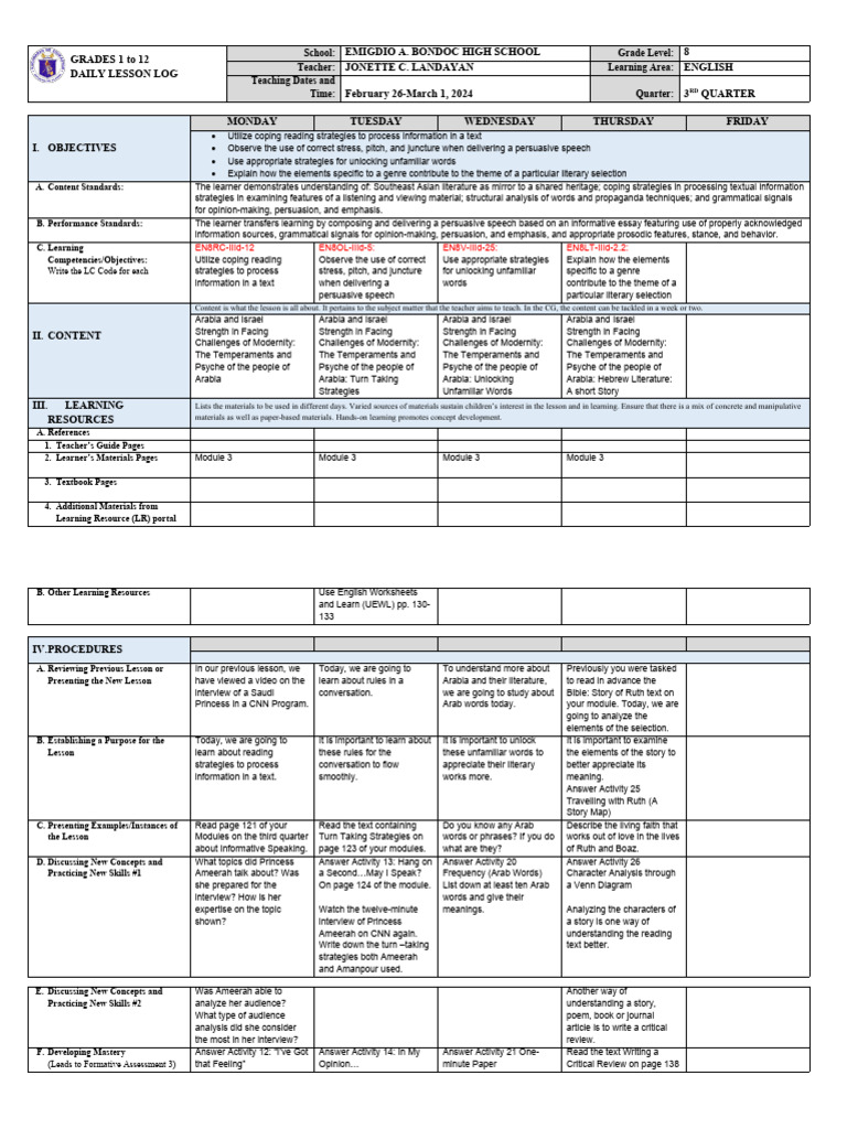 Grade 8 - DLL Week 4 | PDF | Learning | Persuasion