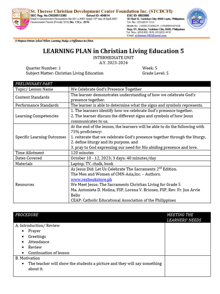 Christian Living Education Lesson Plan | PDF | Learning | Mass (Liturgy)