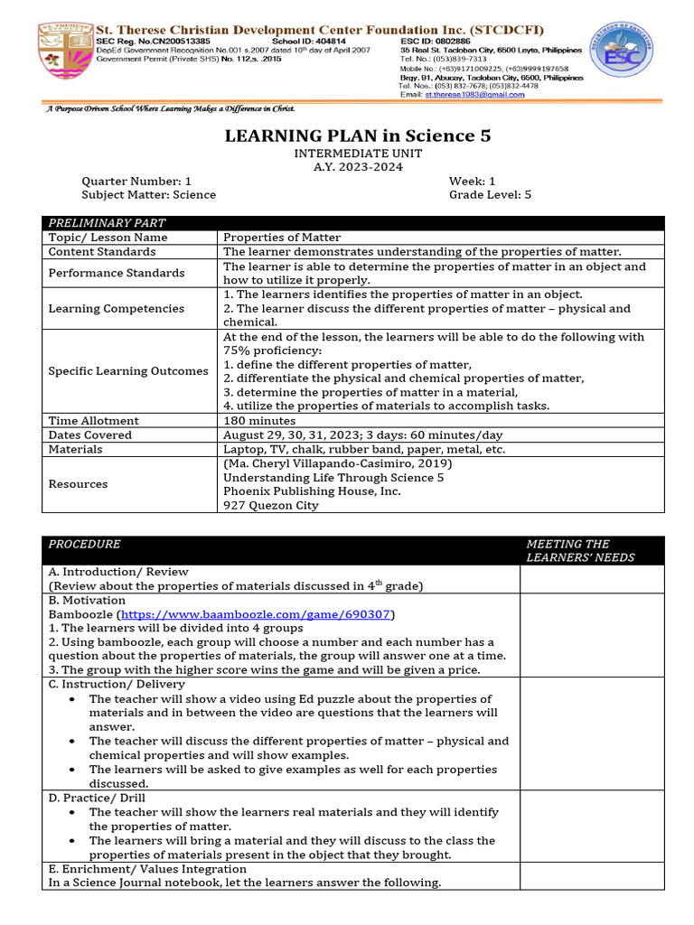 Science 5 Learning Plan No.1 | Download Free PDF | Learning | Teachers