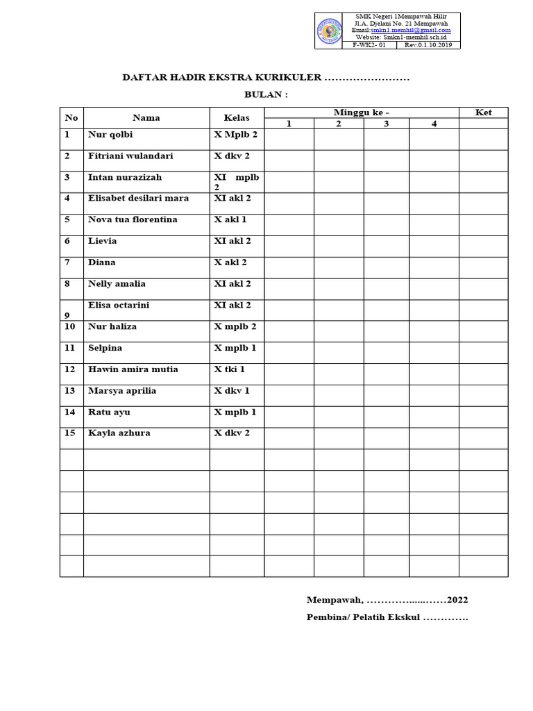 Format Absen Ekskul Perbulan. | PDF