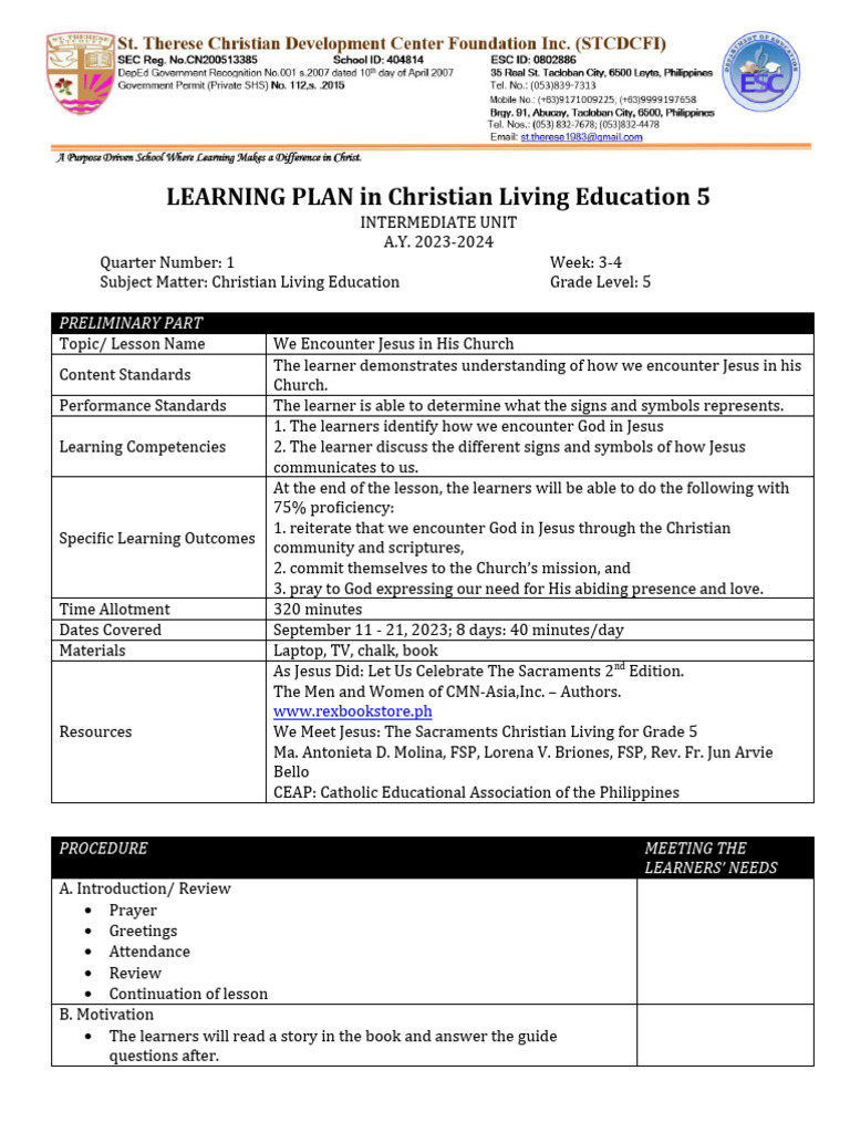 CLE 5 Learning Plan No.3 | PDF | Learning | Jesus