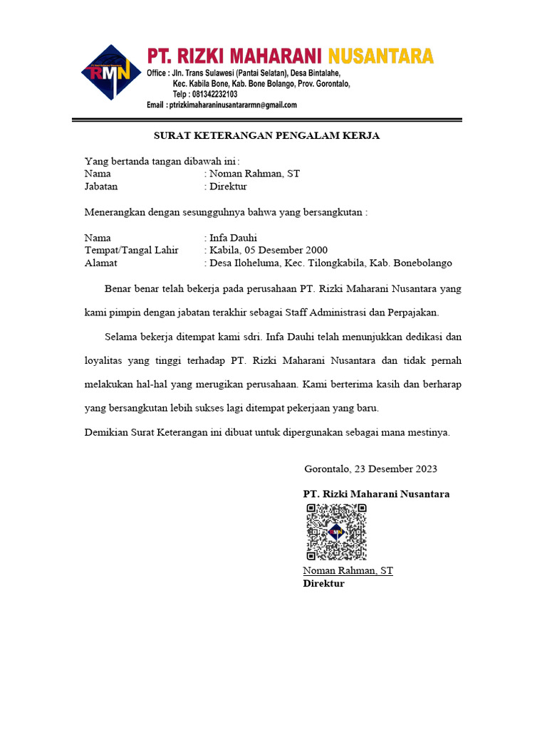 Surat Pengalaman Kerja Infa Dauhi | PDF