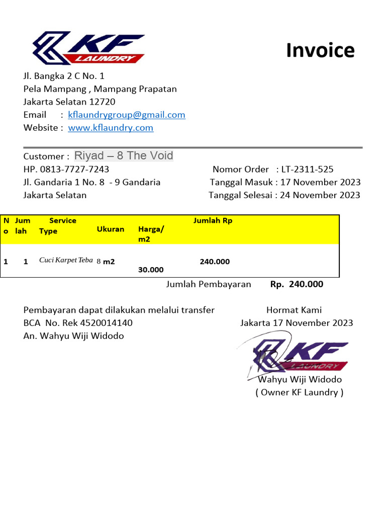 Invoice Layanan KF Laundry 8 The Void | PDF