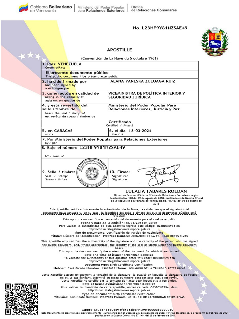 Johandri de La Trinidad Reyes Rivas Apostilla | PDF | Derecho
