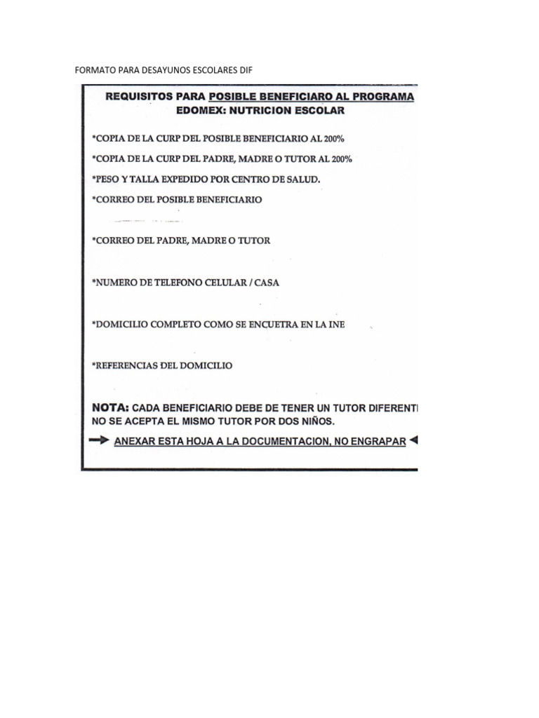 Formato para Desayunos Escolares Dif | PDF