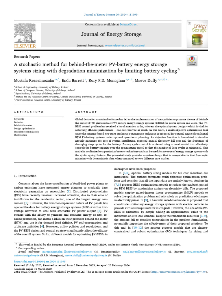 A Stochastic Method For Behind The Meter Pv Battery Energy S 2024