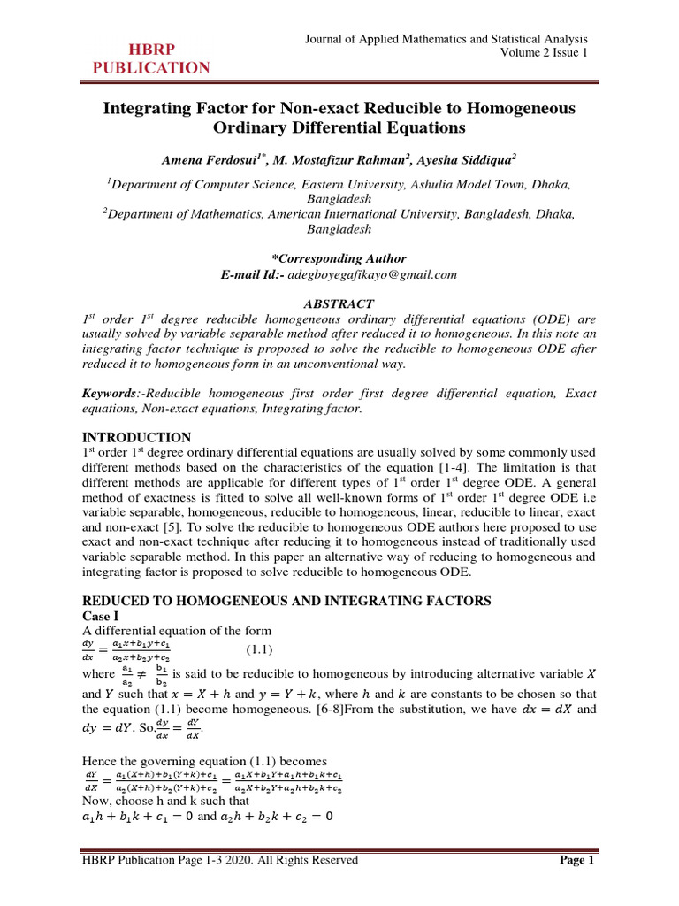 Integrating Factor For Non-Exact Reducible | PDF | Ordinary Differential Equation | Equations