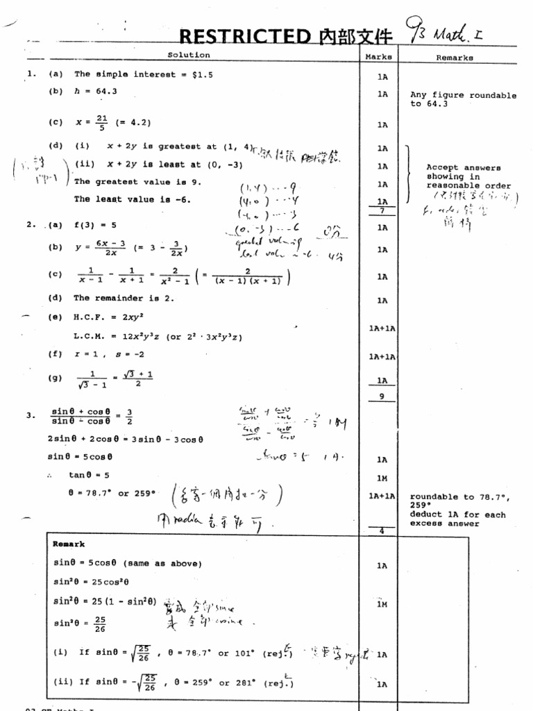 Mathematics 1993 Paper 1 Marking Scheme | PDF