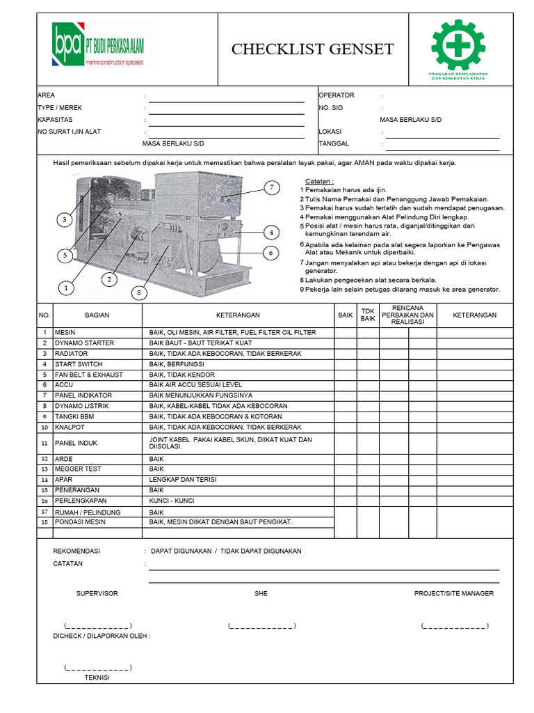 Checklist Inspeksi Genset Harian | PDF