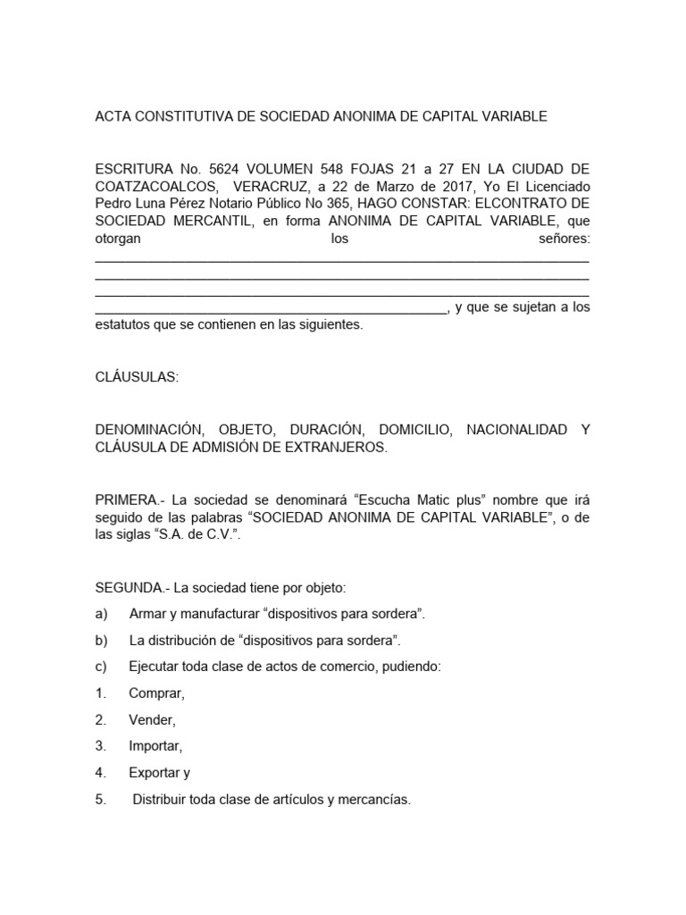 Ricardo Beltran - ACTA CONSTITUTIVA DE SOCIEDAD ANONIMA DE CAPITAL VARIABLE | PDF | Sociedad de ...