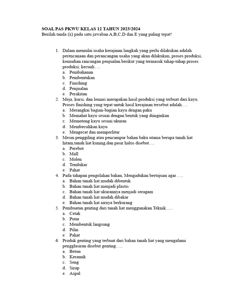 Soal Pas Pkwu Kelas 12 Tahun 2023 | PDF
