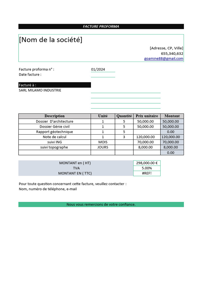 Modèle de Facture Proforma Excel | PDF