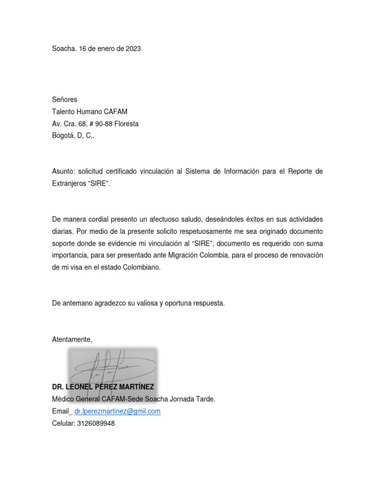 Solicitud Certificado Vinculación SIRE DR. Leonel Perez | PDF | Derecho