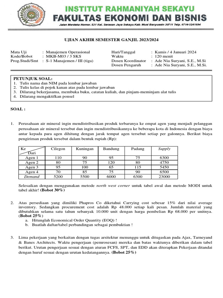 UAS Manajemen Operasional 2023 | PDF