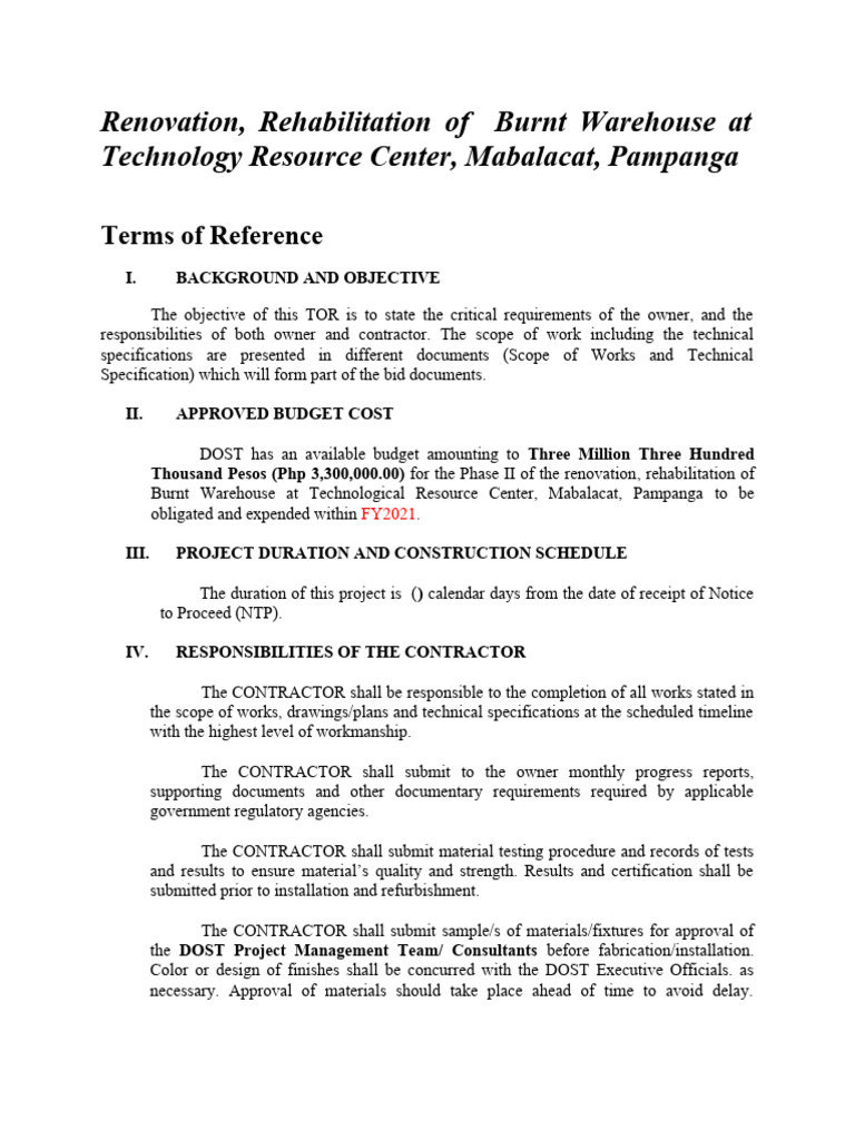 Terms of Reference (Mabalacat WH) | PDF | General Contractor ...