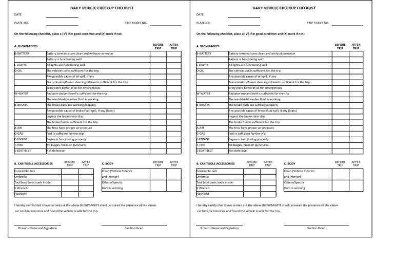 Daily Vehicle Chekup Checklist | PDF | Brake | Leak