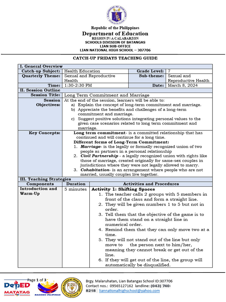 Teaching Guide Catchup Health Long Term Commitment and Marriage | PDF ...