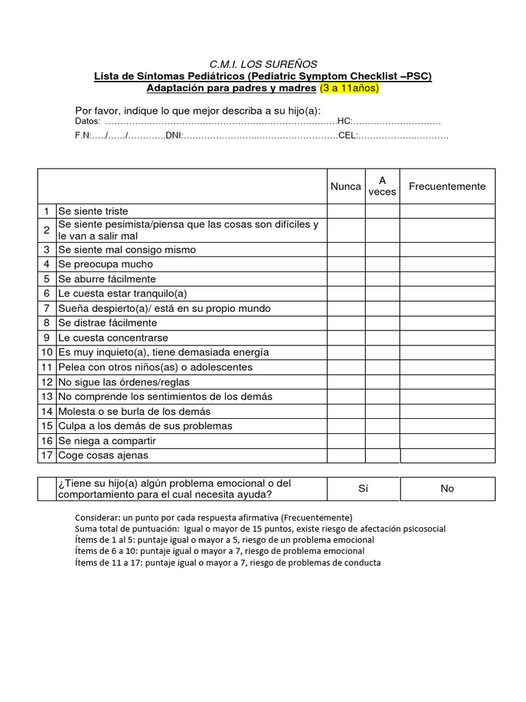 Tamizaje Lista de Síntomas Pediátricos (Pediatric Symptom Checklist ...