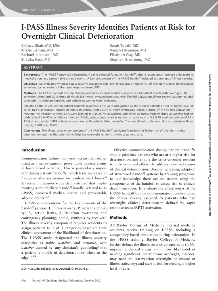 I-PASS Illness Severity Identifies Patients at Risk For Overnight ...