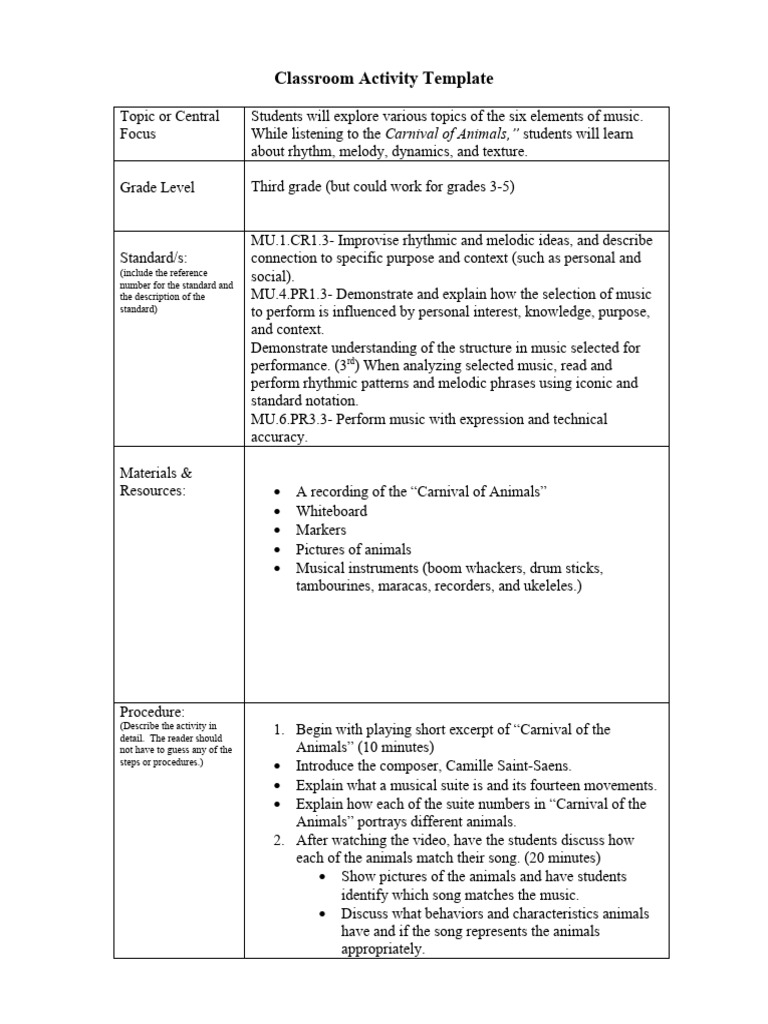 Third Grade Music Activity: Carnival of Animals | PDF | Rhythm ...