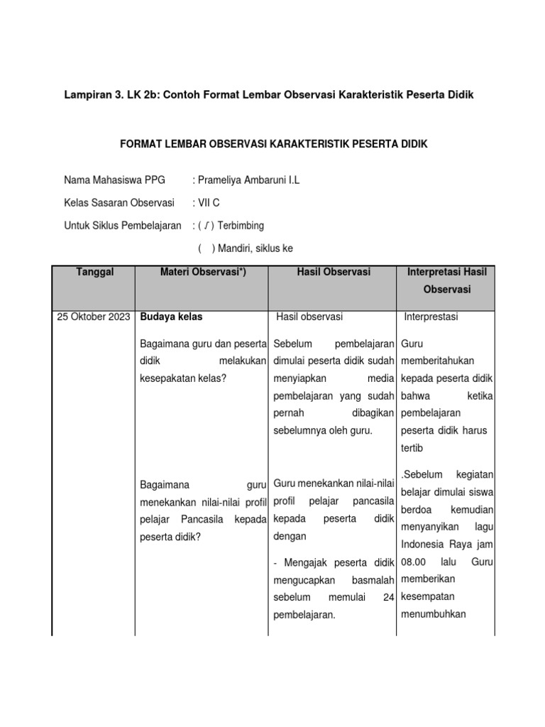 Prameliya Ambaruni I.L - 01.05.6-B2- 4 Unggah LK 2b - Lembar Observasi ...