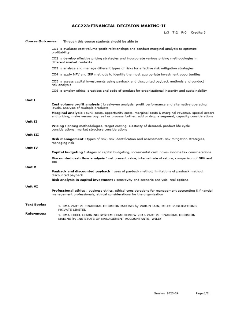 Financial Decision Making II Course Guide | PDF | Net Present Value ...