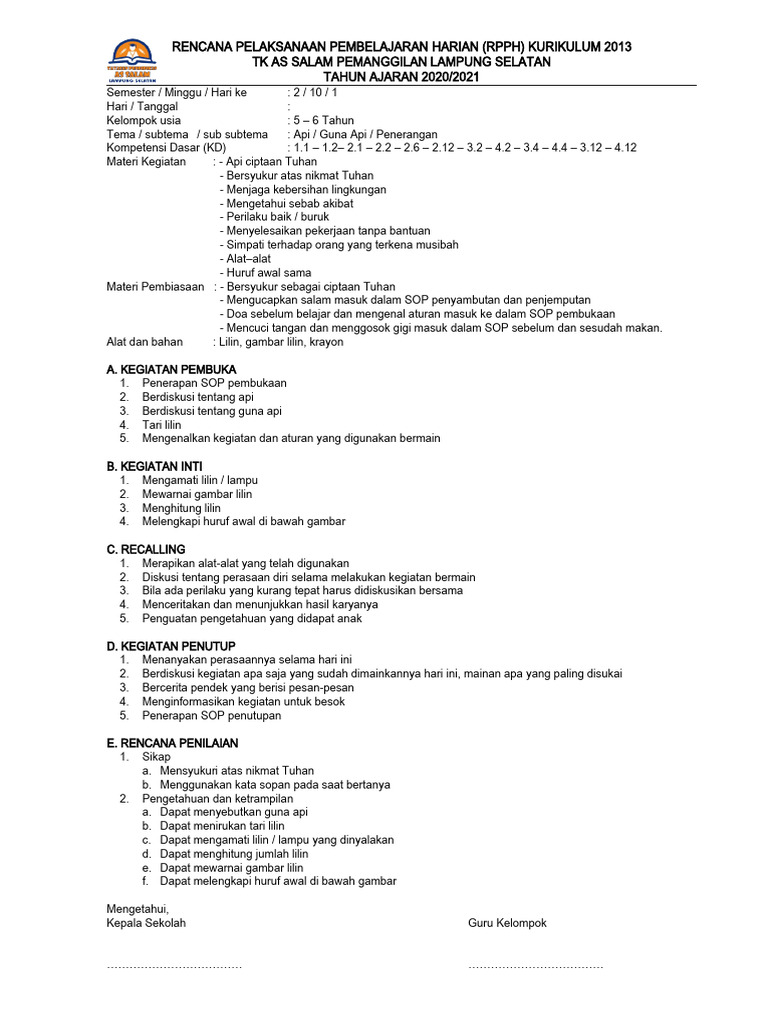 RPPH TK: Tema Api untuk Usia 5-6 Tahun | PDF | Karier & Perkembangan
