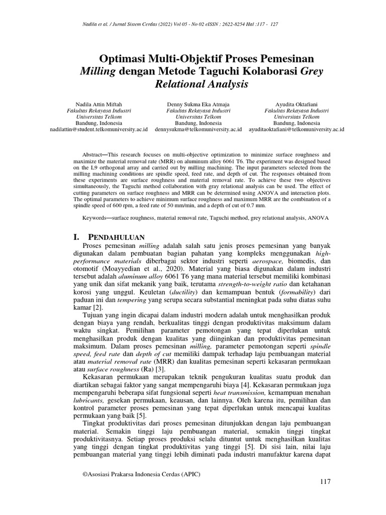 Optimasi Multi-Objektif Proses Pemesinan Milling Dengan Metode Taguchi Kolaborasi Grey ...