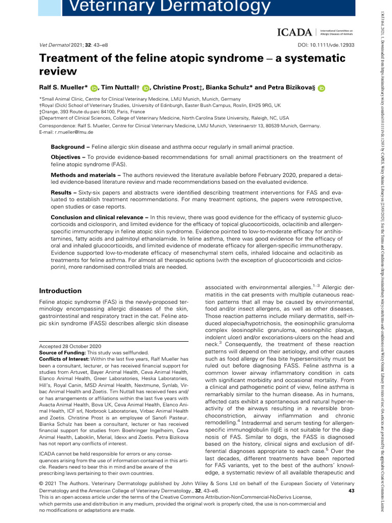 Feline Atopic Syndrome Treatment Review | PDF | Allergy | Asthma