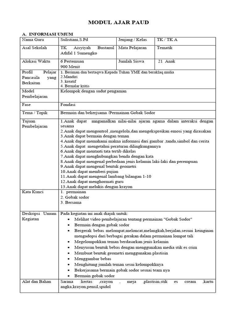 Modul Pembelajaran Gobak Sodor PAUD | PDF