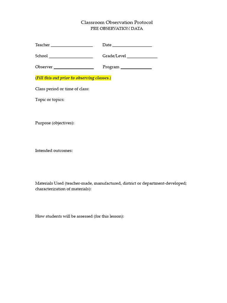 Classroom Observation Protocol_2024 | PDF | Teachers | Thought