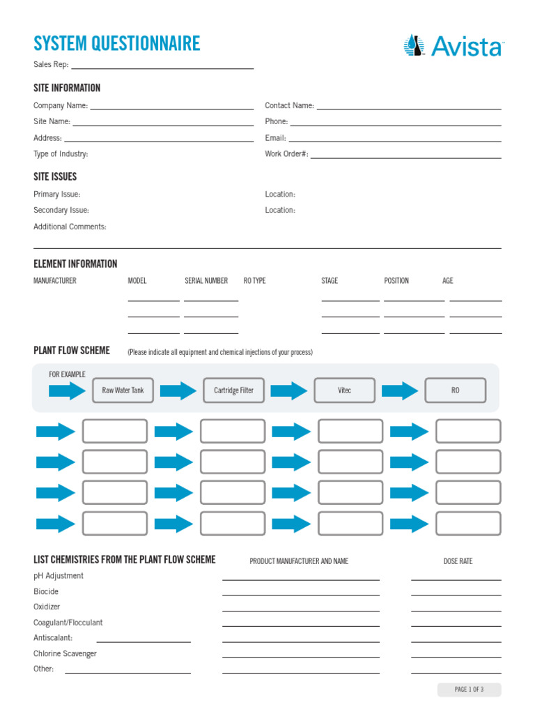 WO#100721-6 Avista System Questionnaire | PDF | Magnesium | Membrane