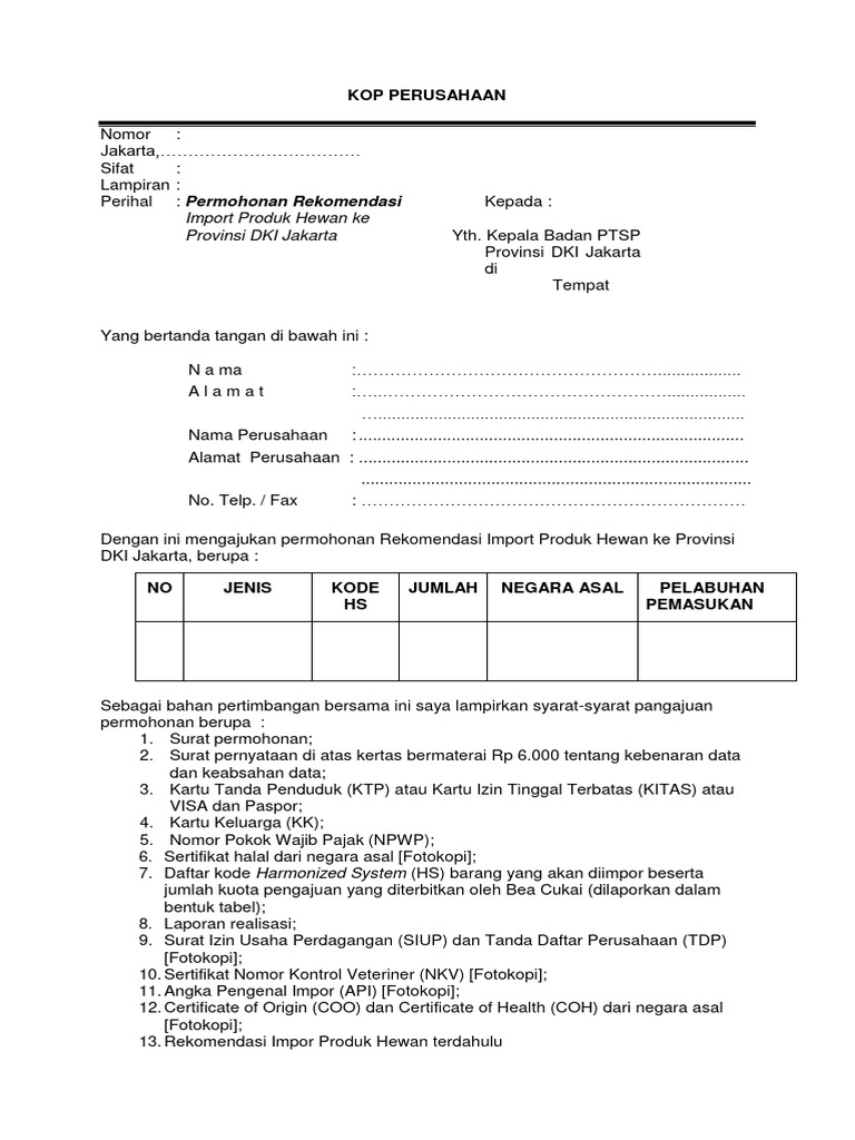 Form Surat Permohonan Rekomendasi Import | PDF
