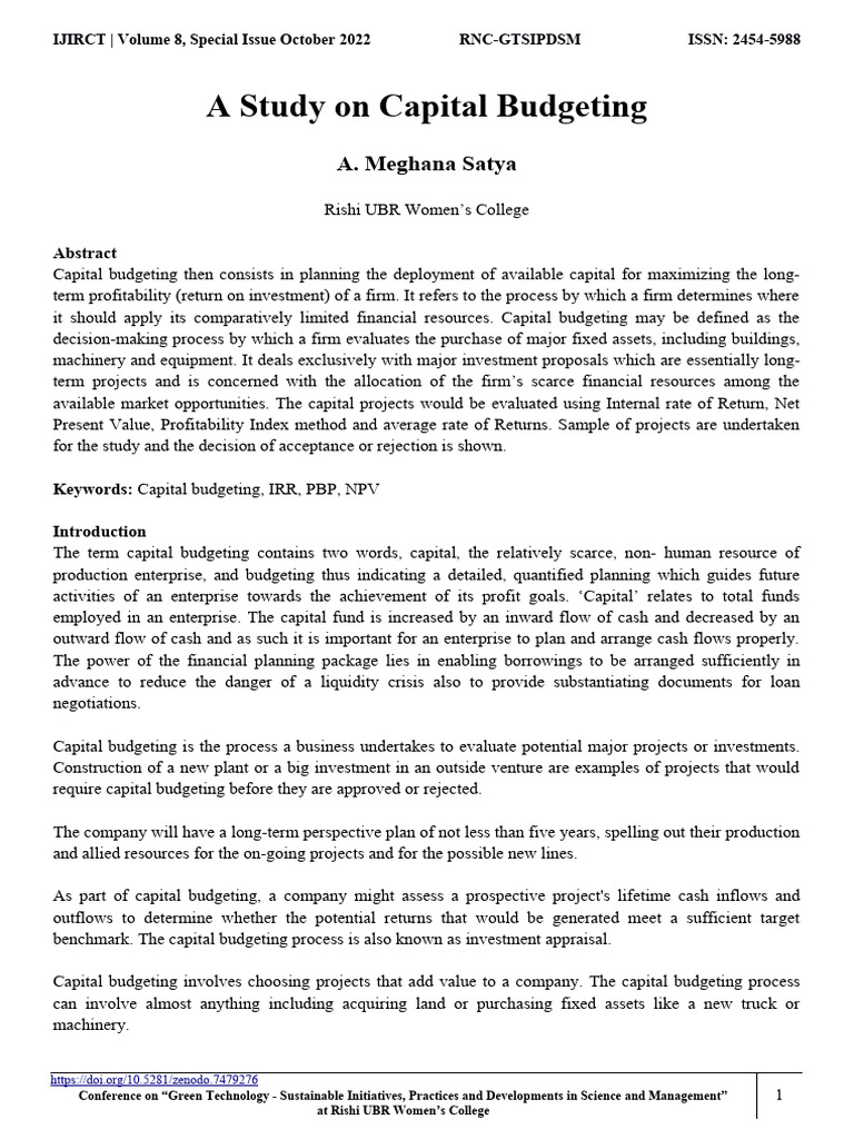 A Study On Capital Budgeting | Download Free PDF | Capital Budgeting | Internal Rate Of Return