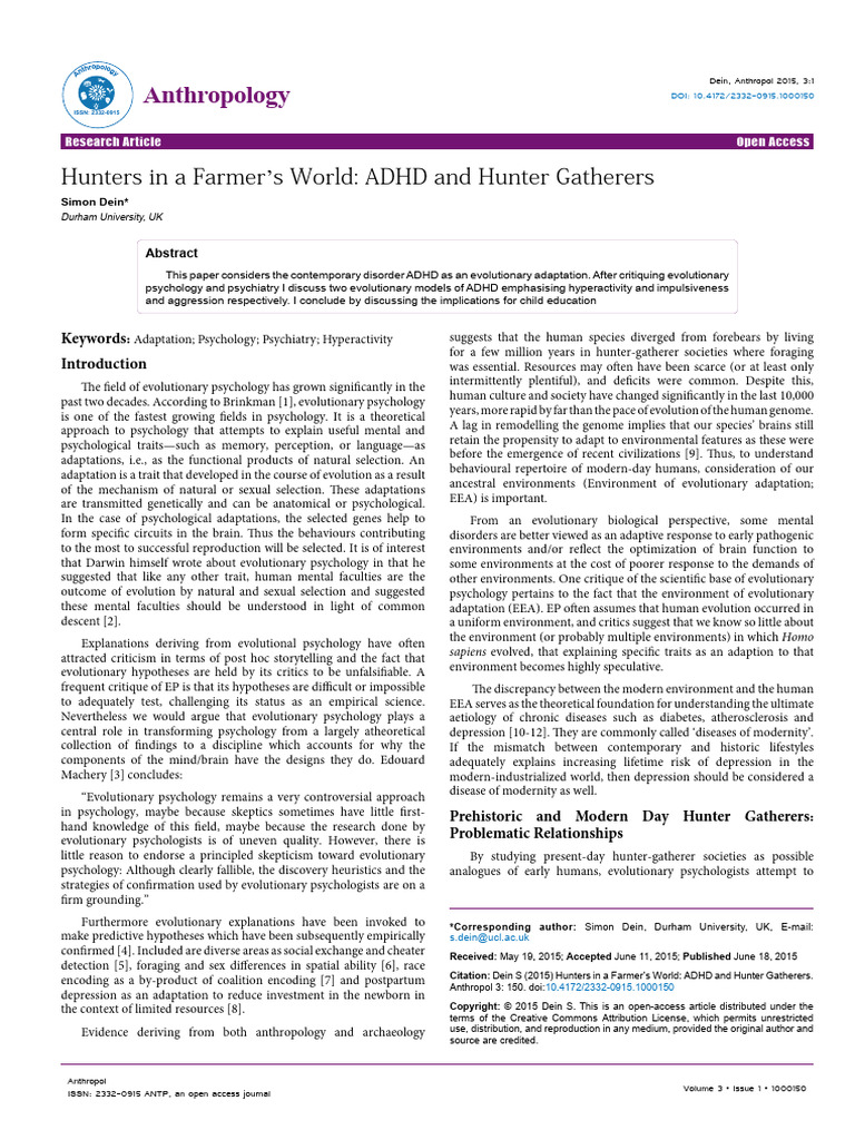 Hunters in A Farmers World Adhd and Hunter Gatherers 2332 0915 1000150 ...